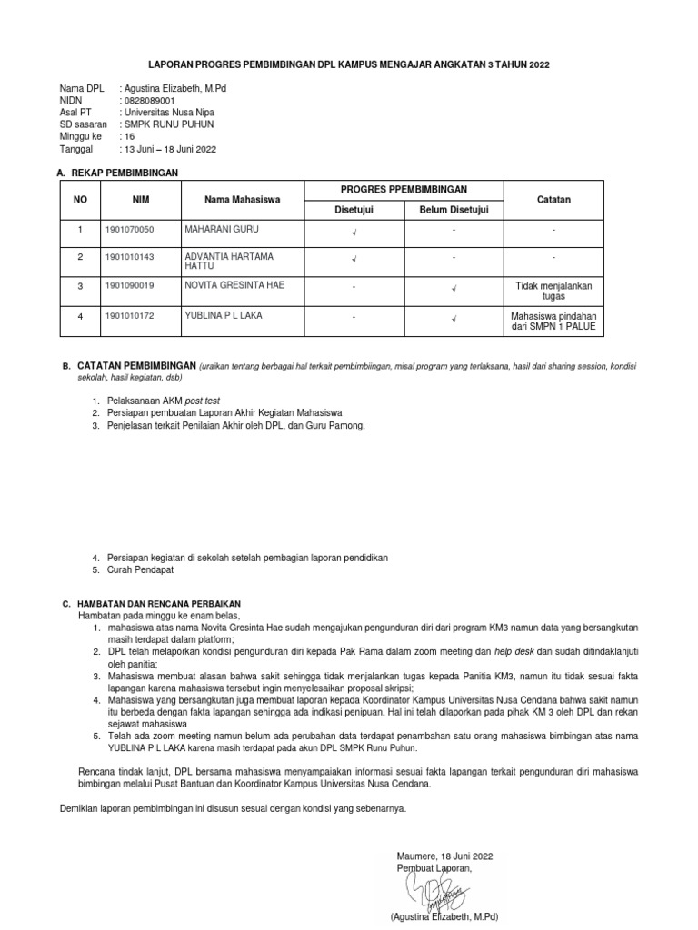 Laporan Progres Pembimbingan DPL 2022 | PDF
