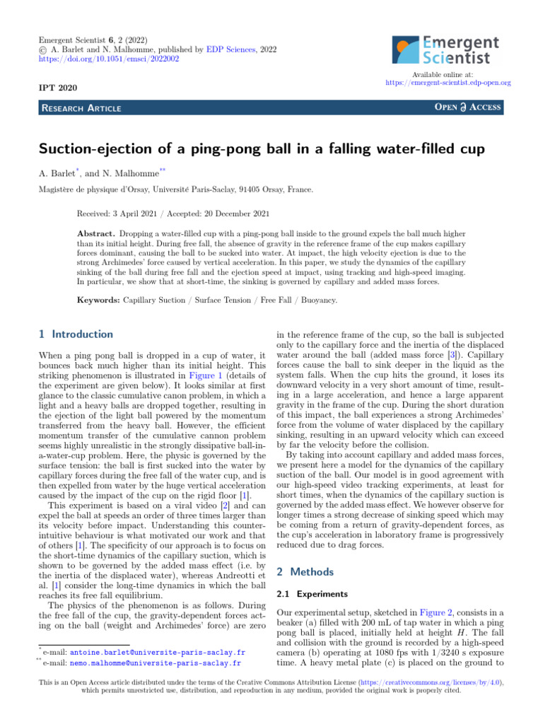 Suction-Ejection of A Ping-Pong Ball in A Falling Water-Filled Cup. A. Barlet, N. Malhomme | PDF ...