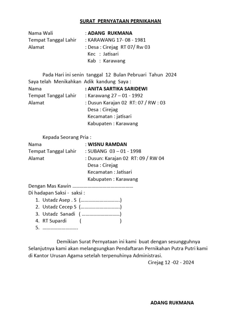 SURAT PERNYATAAN Nikah Sirri | PDF