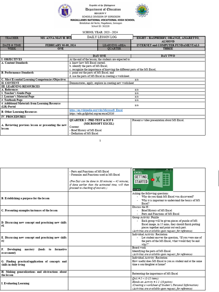 MS Excel Lesson Plan for Grade 8 | PDF | Learning | Microsoft Excel