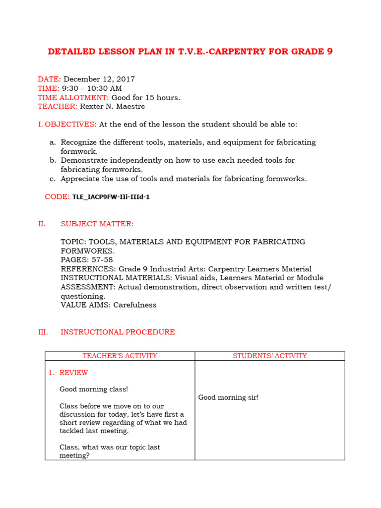 Tools, Materials For Fabricating Formworks. | PDF | Lumber | Lesson Plan Tools, Materials For Fabricating Formworks. | PDF | Lumber | Lesson Plan