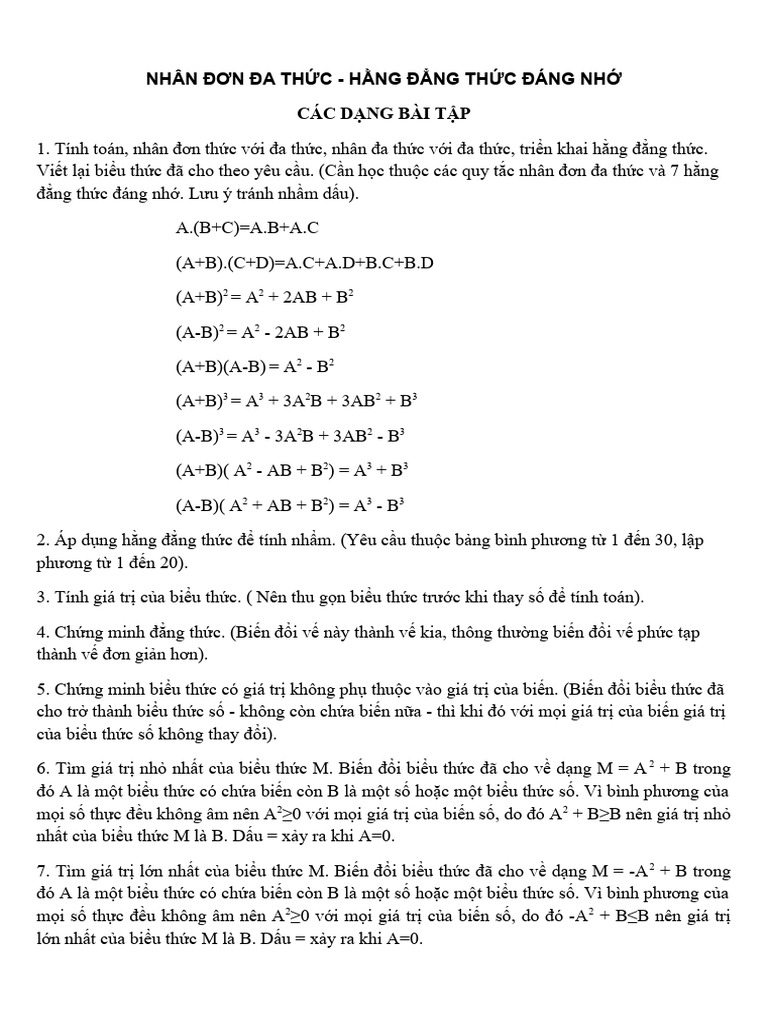 Cac Dang Bai Tap Hang Dang Thuc 1 | PDF