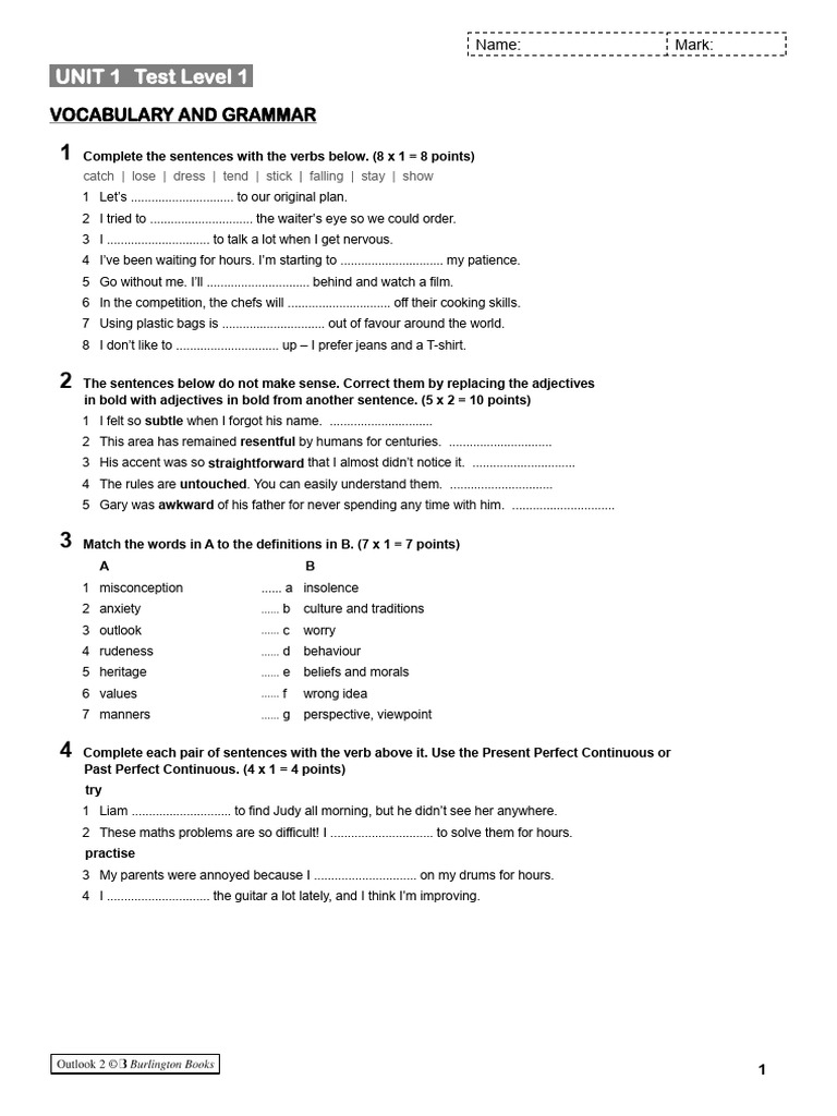 01outlook2 Unit1 Test Vocabulary Grammar | PDF | Linguistics | Language ...