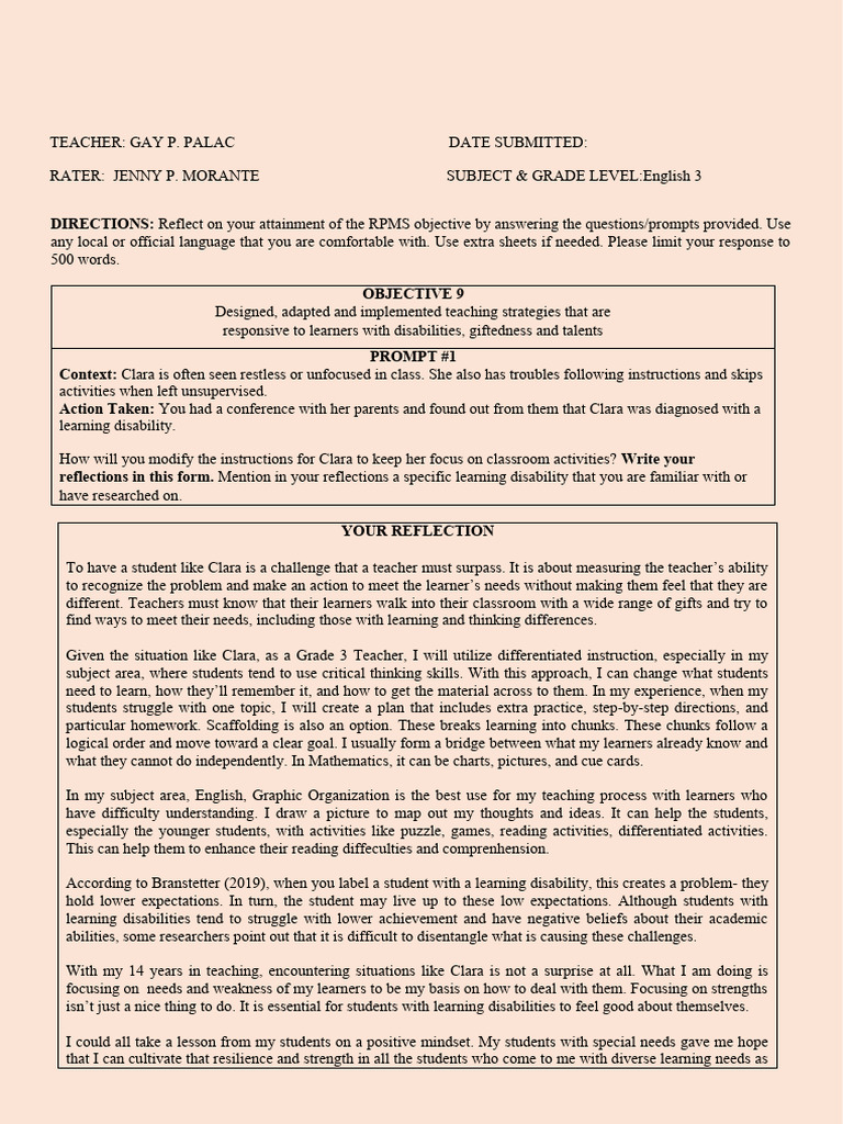 TRF Teacher Reflection On Obj. 9 1st | PDF