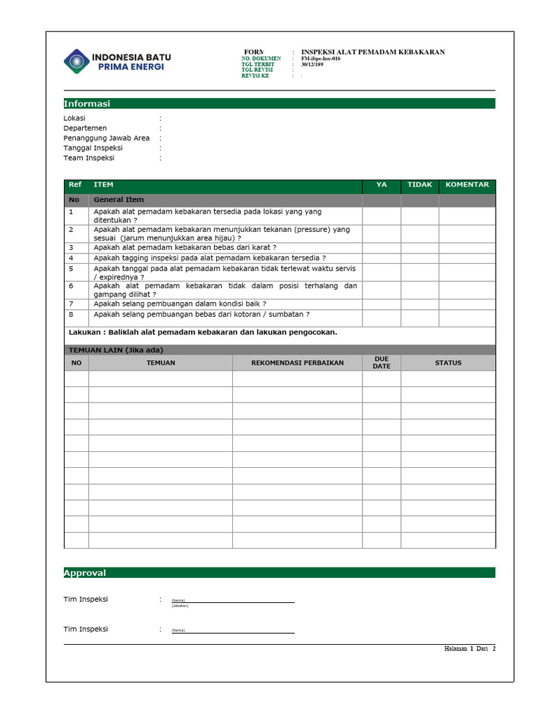 FM-IBPE-HSE-016 - Form Inspeksi Pemadam Kebakaran | PDF