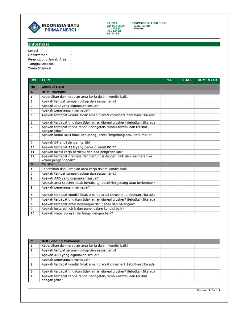 FM-IBPE-HSE-018 Form Inspeksi Stockpile | PDF