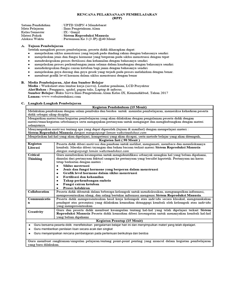 RPP 1 Lembar IPA Kelas 9 k13 | PDF