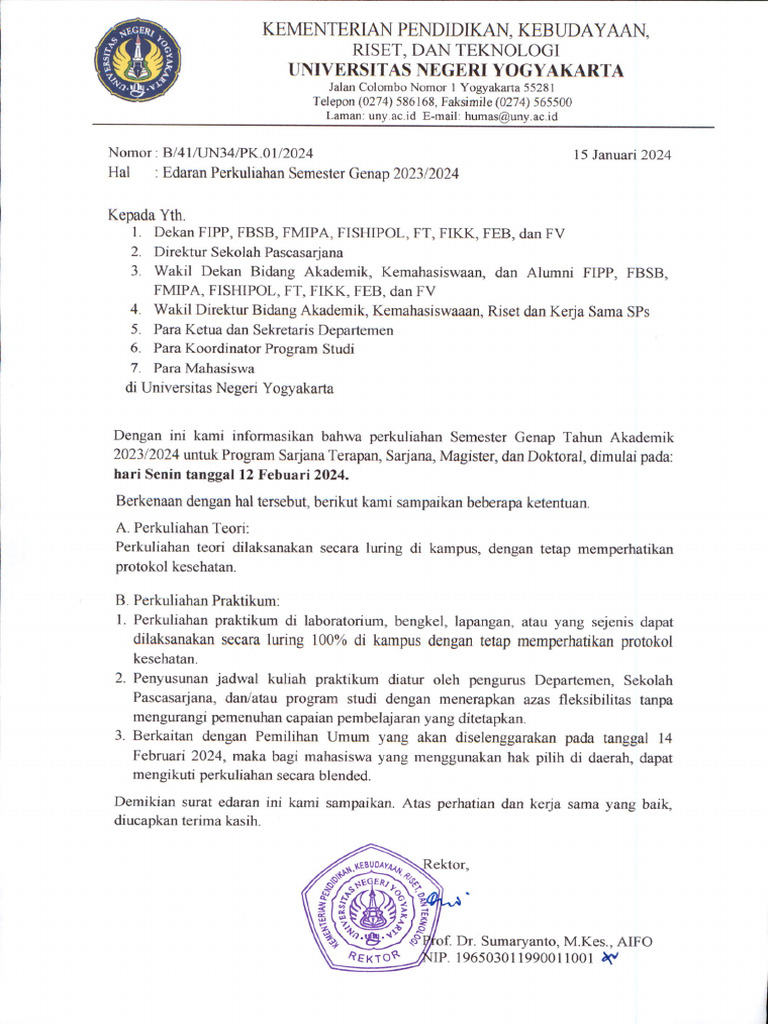 Edaran Perkuliahan Semester Genap 2023-2024 | PDF
