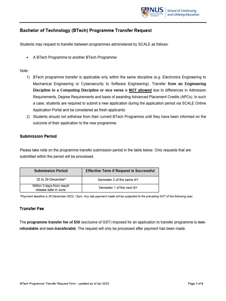 BTech Programme Transfer Request Form | PDF | Technical Support ...