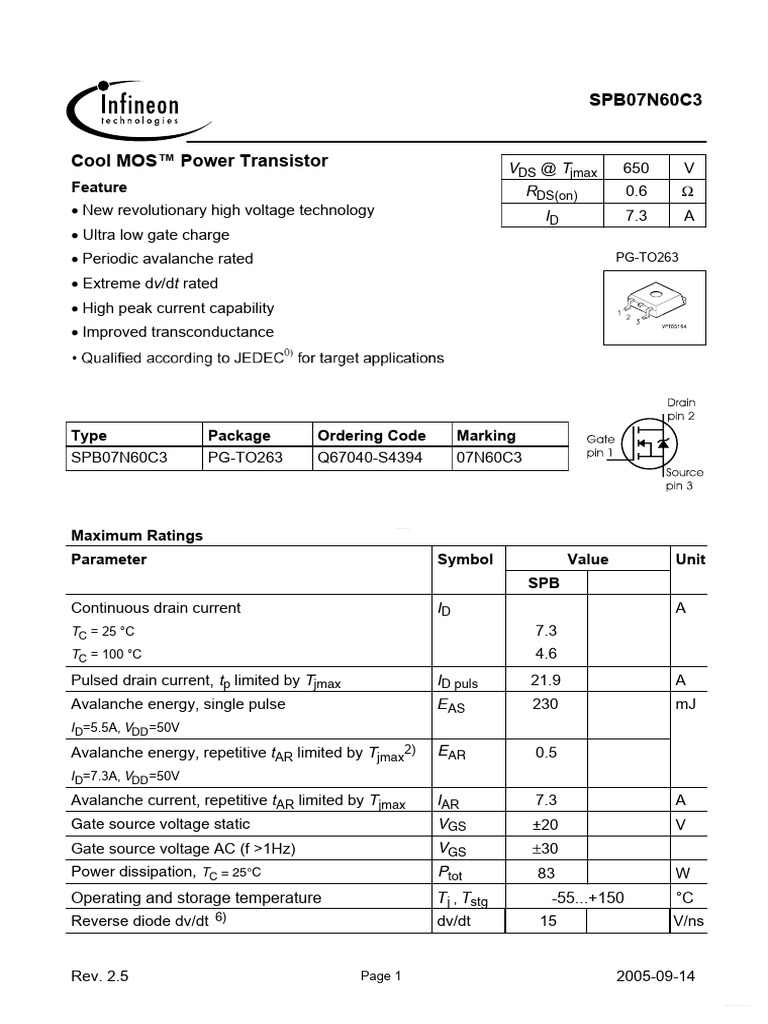 07N60C3 Infineon | PDF | Field Effect Transistor | Semiconductors