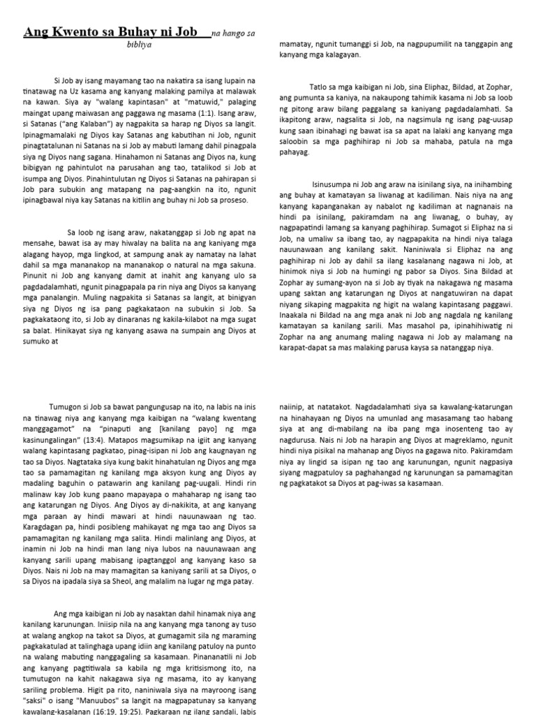 Ang Kwento Sa Buhay Ni Job Na Hango Sa Bibliya | PDF