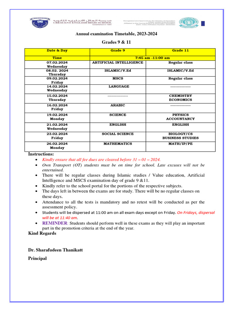 Revised Time Table | PDF | Science