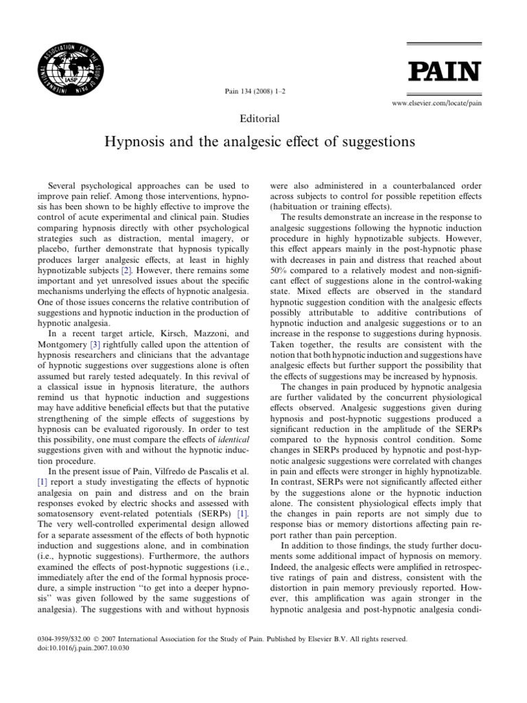 Hypnosis and The Analgesic Effect of Suggestions | PDF | Hypnosis | Pain Management