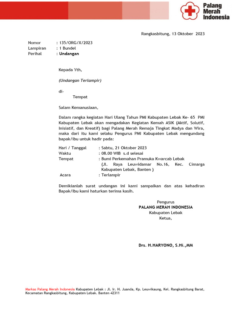 Surat Undangan Hut Pmi 2023 | PDF