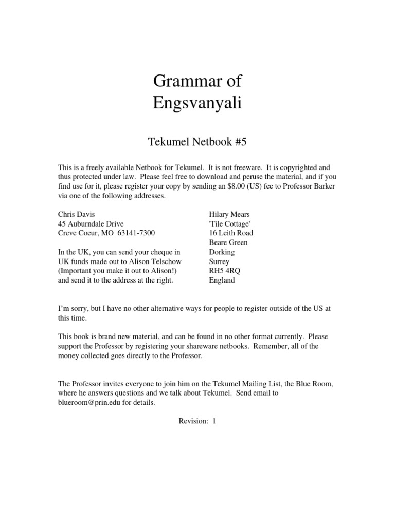 Tekumel Netbook #5 - Grammar of Engsvanyáli | PDF