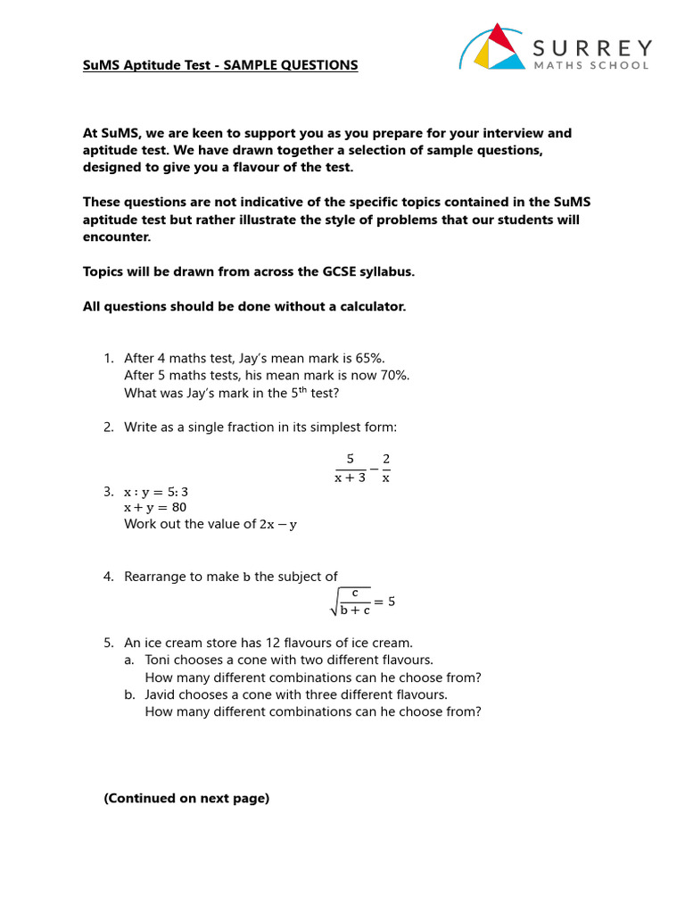 SuMS Sample Aptitude Test QUESTIONS | PDF | Mathematics SuMS Sample Aptitude Test QUESTIONS | PDF | Mathematics