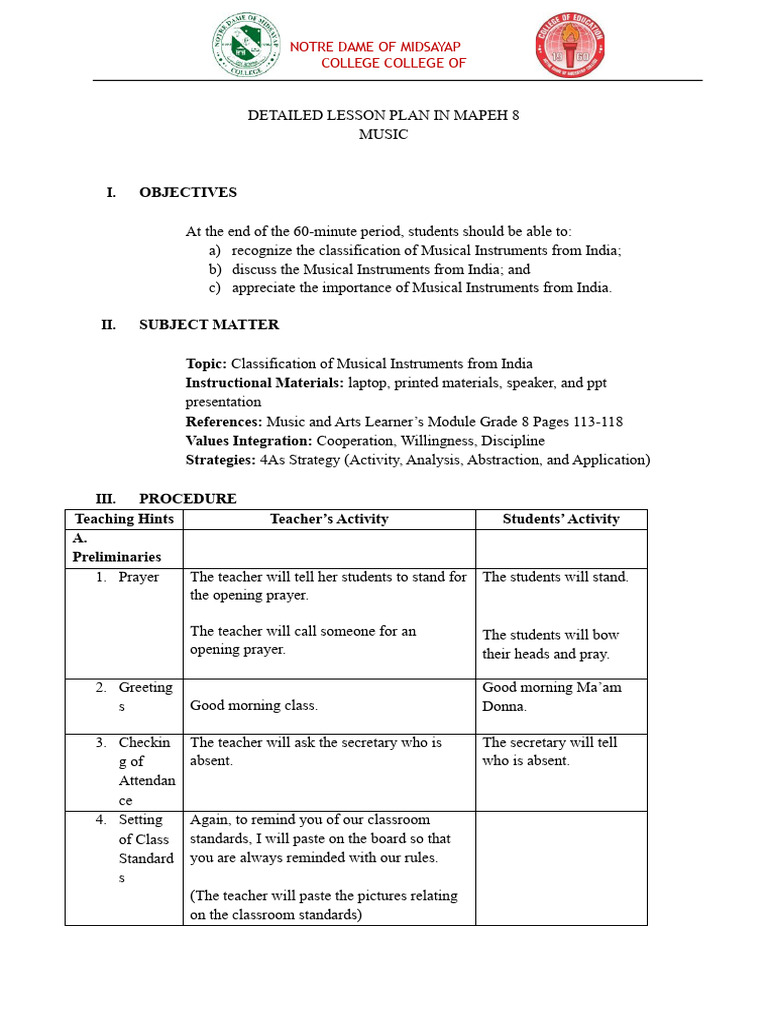 LP in Grade 8 Music Day 2 | PDF | Teachers | Musical Instruments