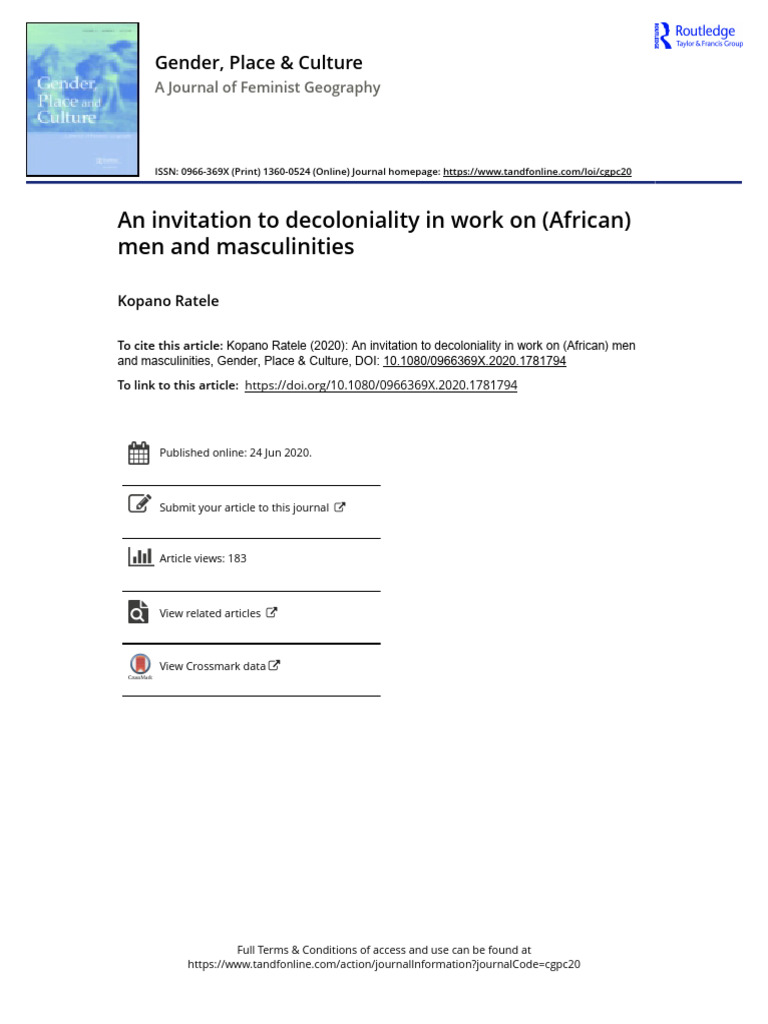 Decoloniality in African Masculinities | PDF | Masculinity | Colonialism