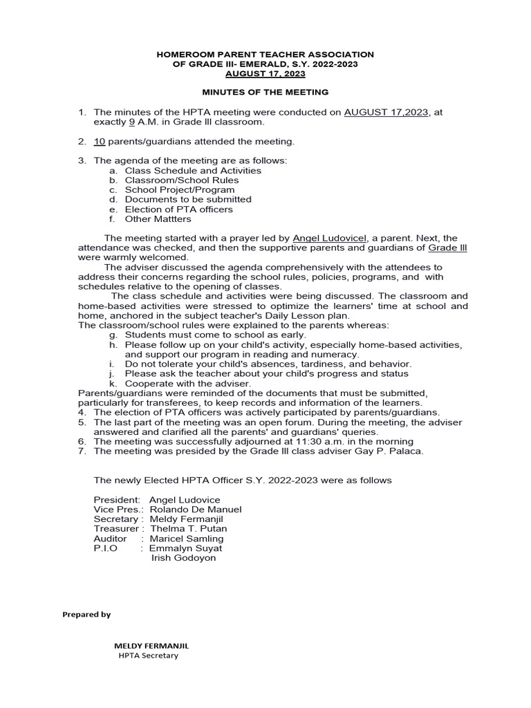 Minutes of The Meeting Homeroom Parent Teacher Association 1 | PDF ...