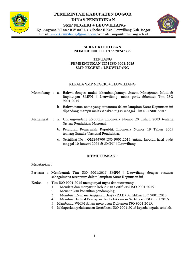 Pembentukan Tim ISO 9001:2015 SMPN 4 | PDF