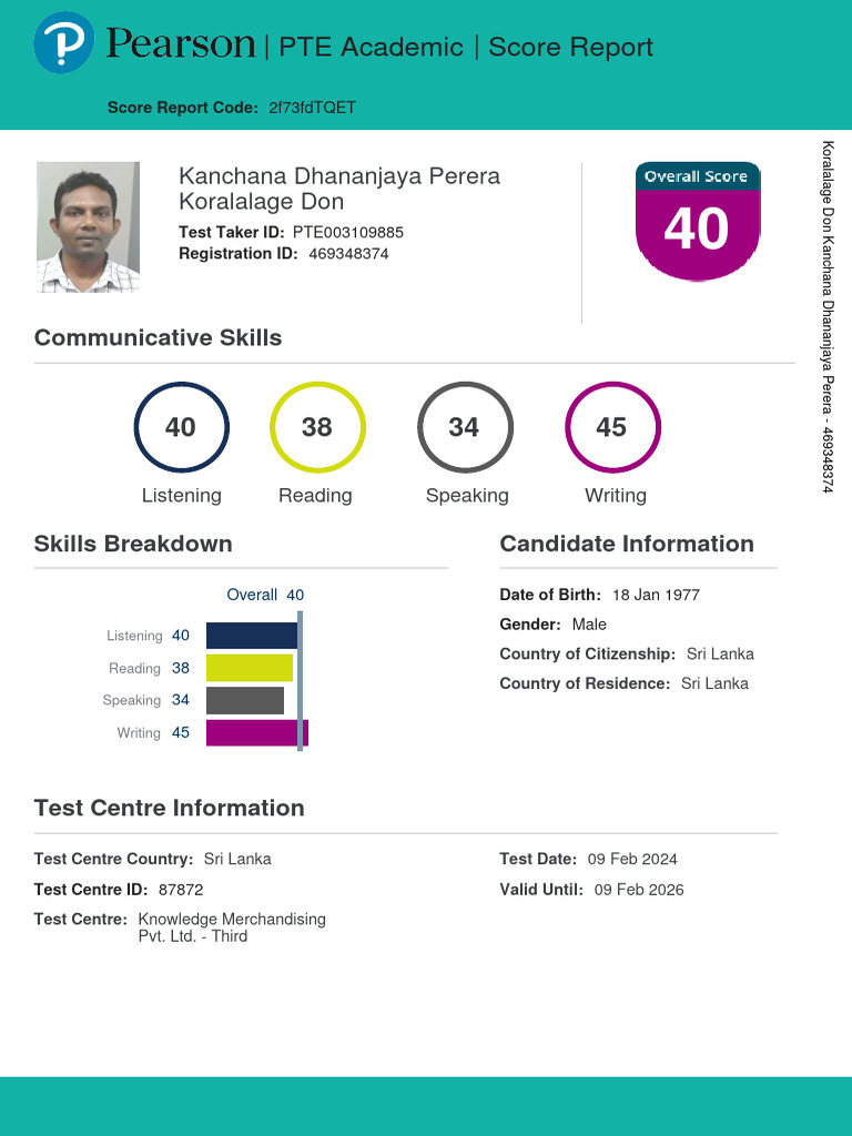 PTE Score Report for Koralalage Don | PDF