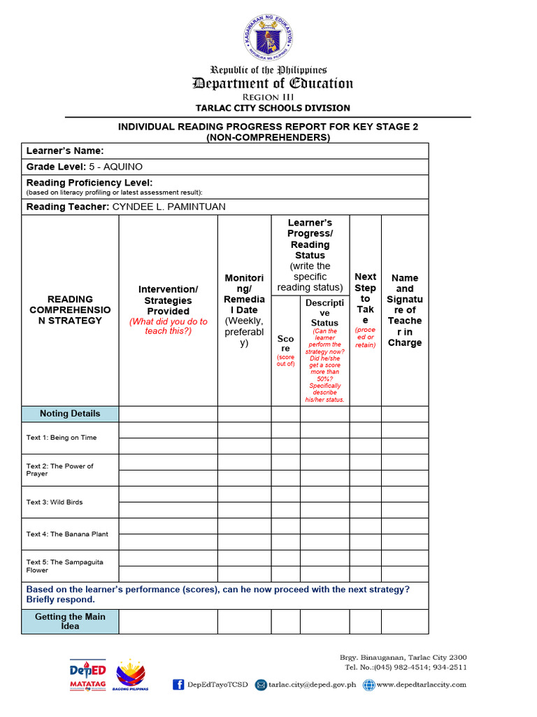 Ks2 NC Reading Progress Report | PDF | Reading Comprehension | Cognition