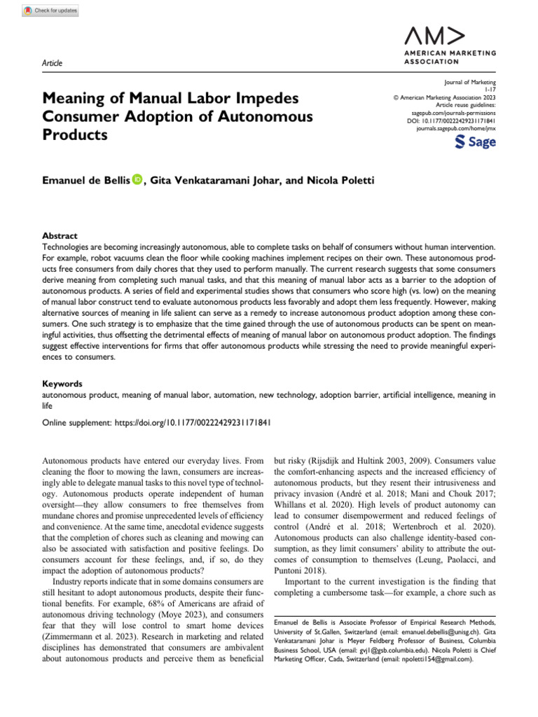 De Bellis Et Al 2023 Meaning of Manual Labor Impedes Consumer Adoption ... De Bellis Et Al 2023 Meaning of Manual Labor Impedes Consumer Adoption ...