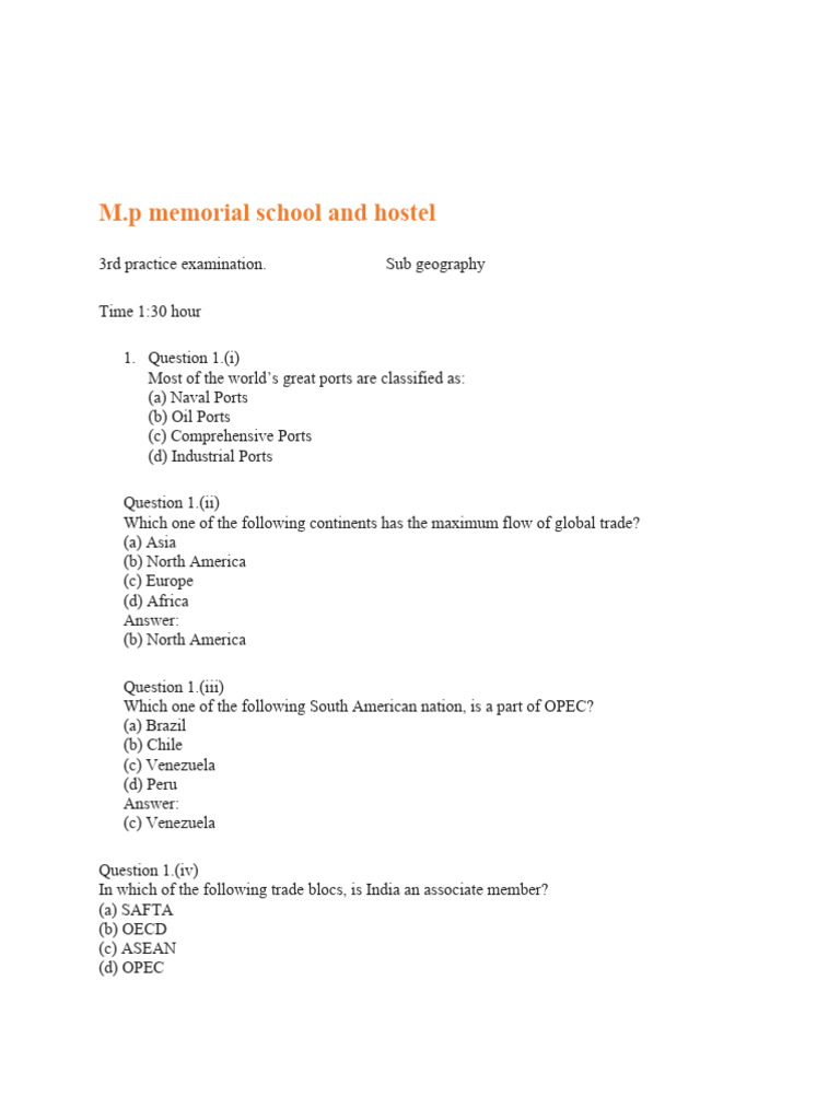 3rd Practice Set Geography | Download Free PDF | Canal | Port