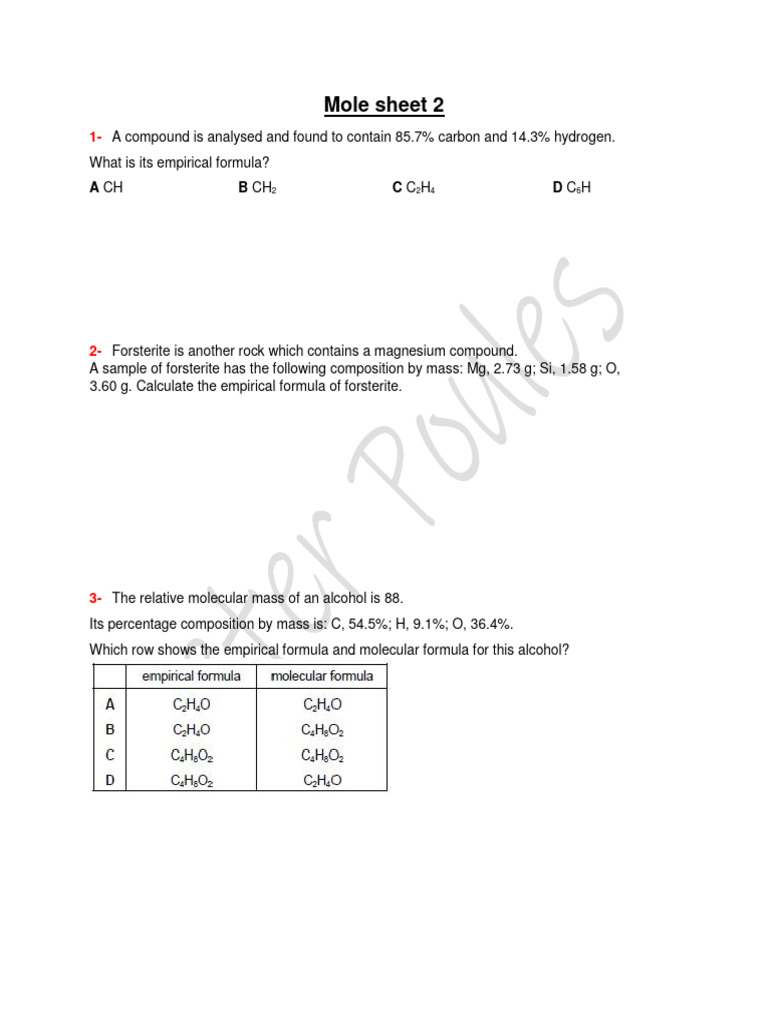 Mole Sheet 2 | Download Free PDF | Oxide | Magnesium