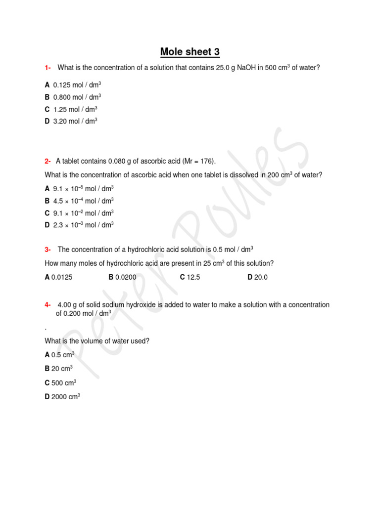 Mole Sheet 3 | PDF | Acid | Oxide