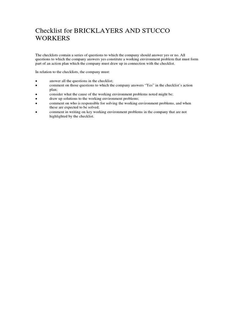 12 Checklist For BRICKLAYERS AND STUCCO WORKERS | PDF | Truck | Crane ...