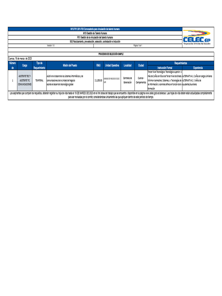 Convocatoria Seleccion Simple Celec Sur Asistente Tic Comu | PDF | Informática