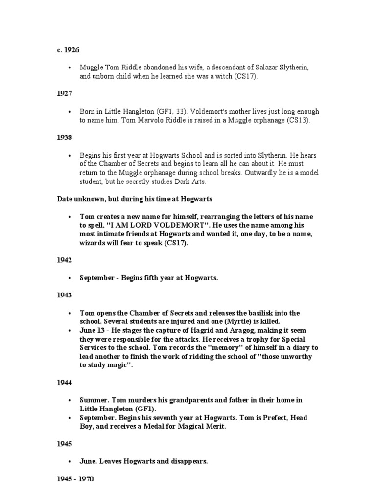 Voldemort Timeline | PDF | Fantasy Tropes | Fictional Locations