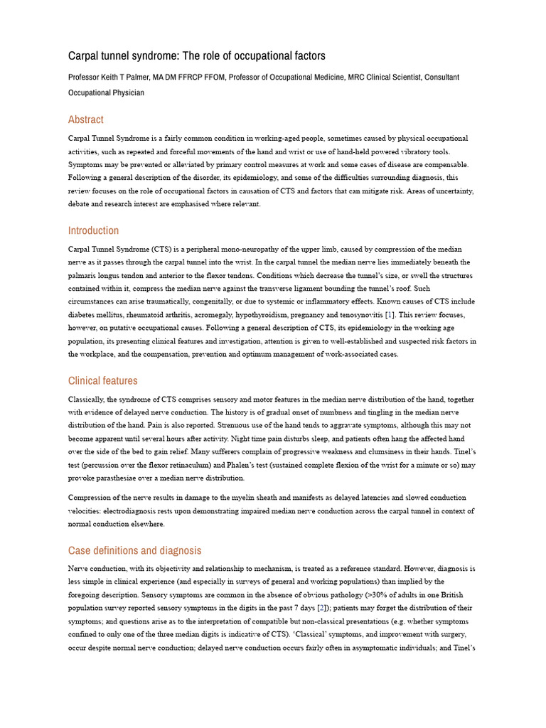 Carpal Tunnel Syndrome - The Role of Occupational Factors | PDF ...
