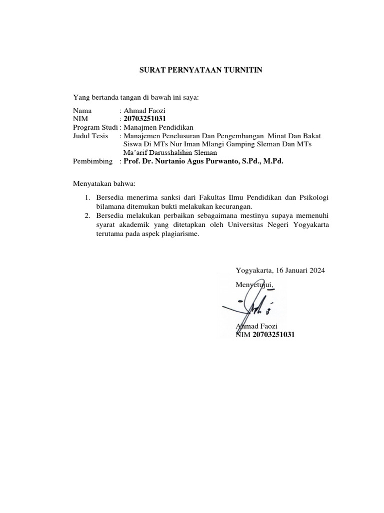 Surat Pernyataan Turnitin Ahmad Faozi | PDF