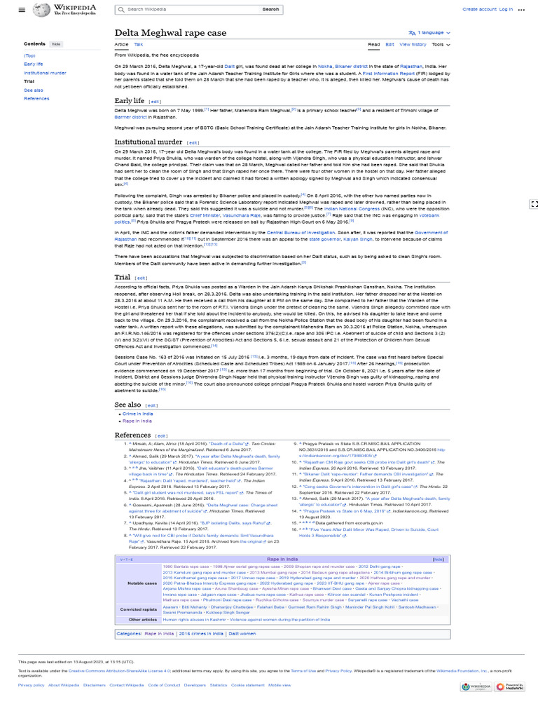 Delta Meghwal Rape Case - Wikipedia | PDF | Rape | Sexual Violence