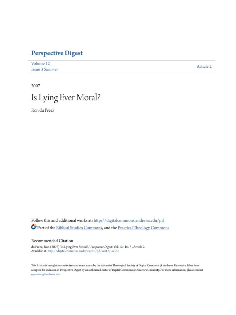 Is Lying Ever Moral? Ron Du Preez | PDF