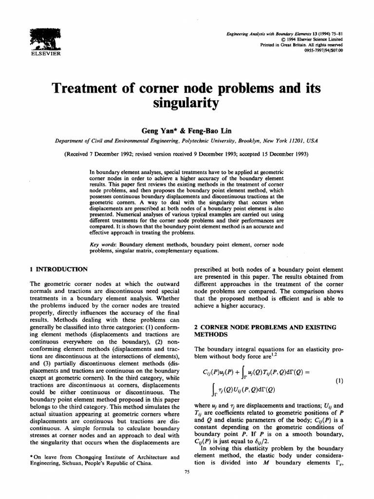 Treatment Of Corner Node Problems And Its Singularity Pdf Boundary Element Method Stress