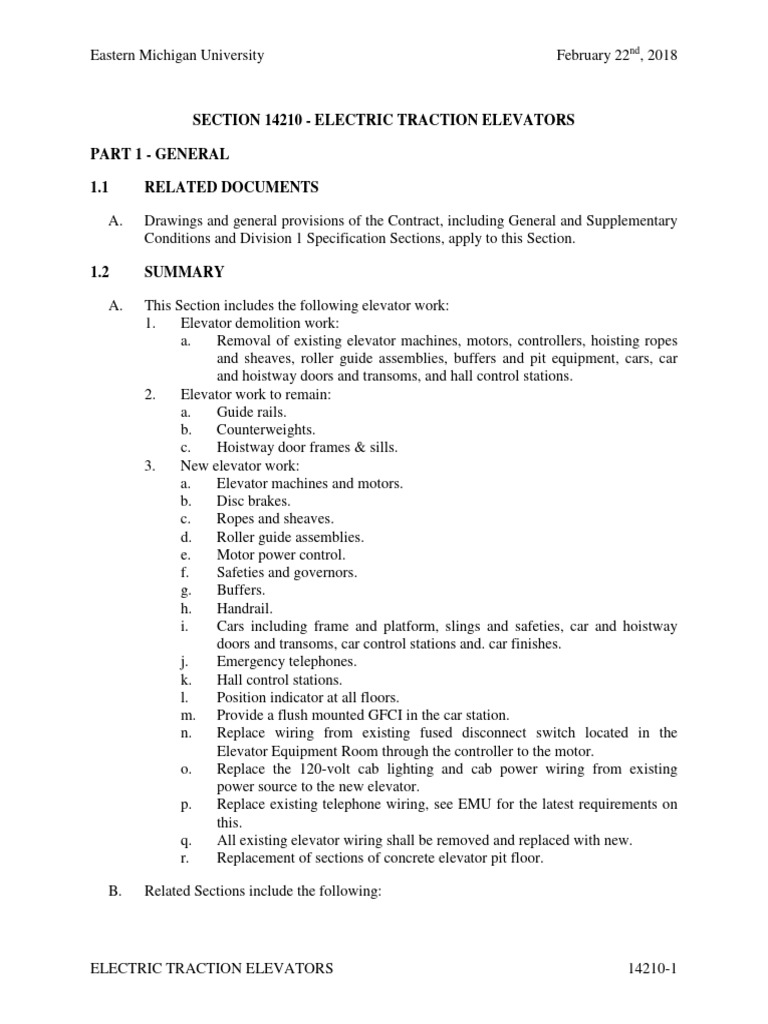 Traction Elevator Specification | PDF | Elevator | Electric Motor