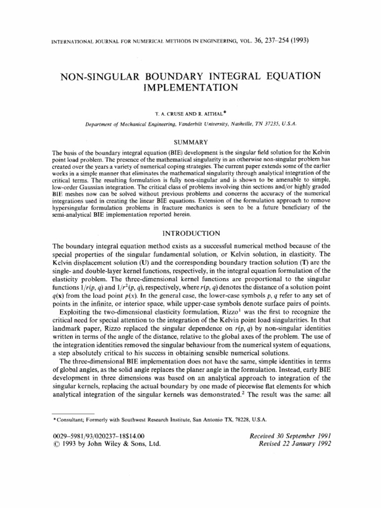 Non-Singular Boundary Integral Equation Implementation CRUSE & AITHAL | PDF
