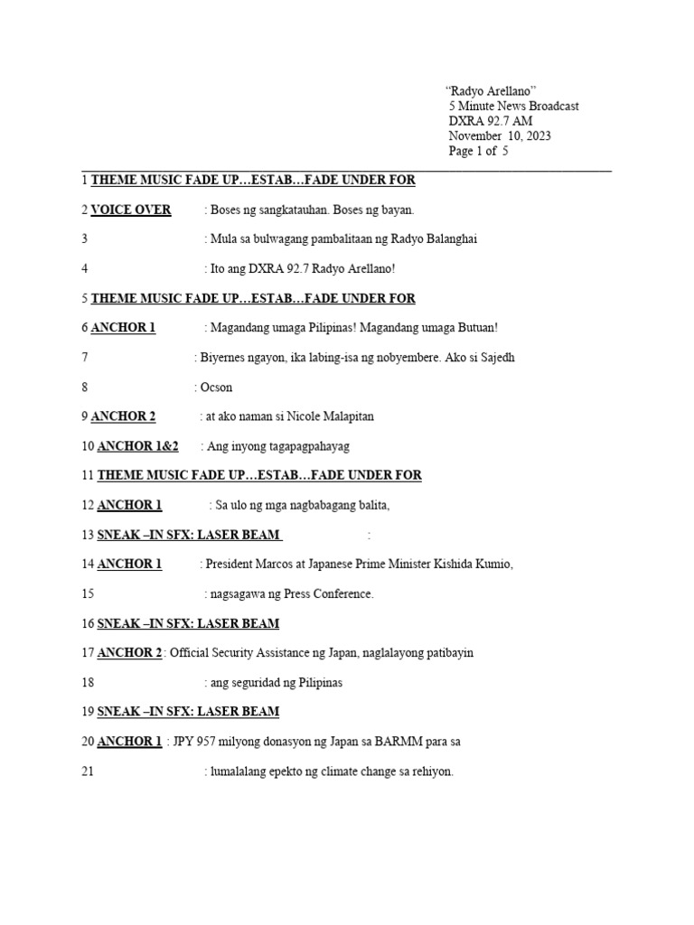 Balita Numero Uno Script FILIPINO | PDF