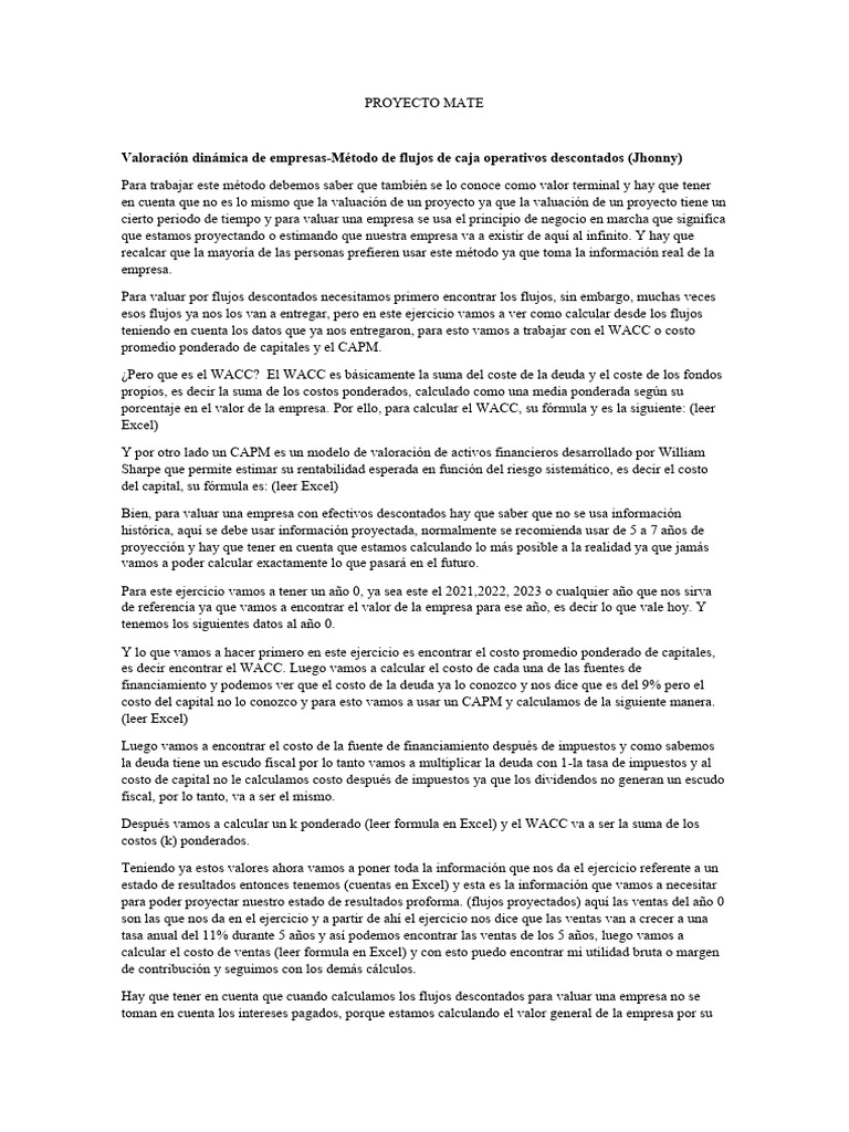 Proyecto Mate | PDF | Modelo de fijación de precios de activos de capital | Capital de trabajo