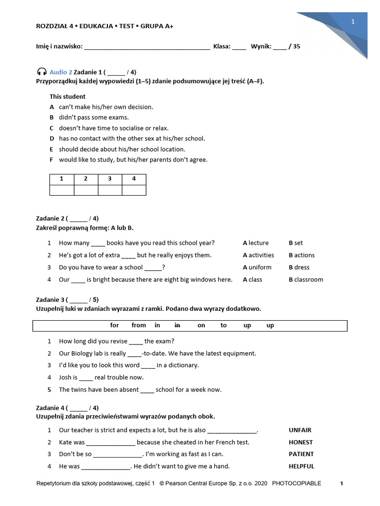 Język Angielski Sprawdzian Unit 4 | PDF
