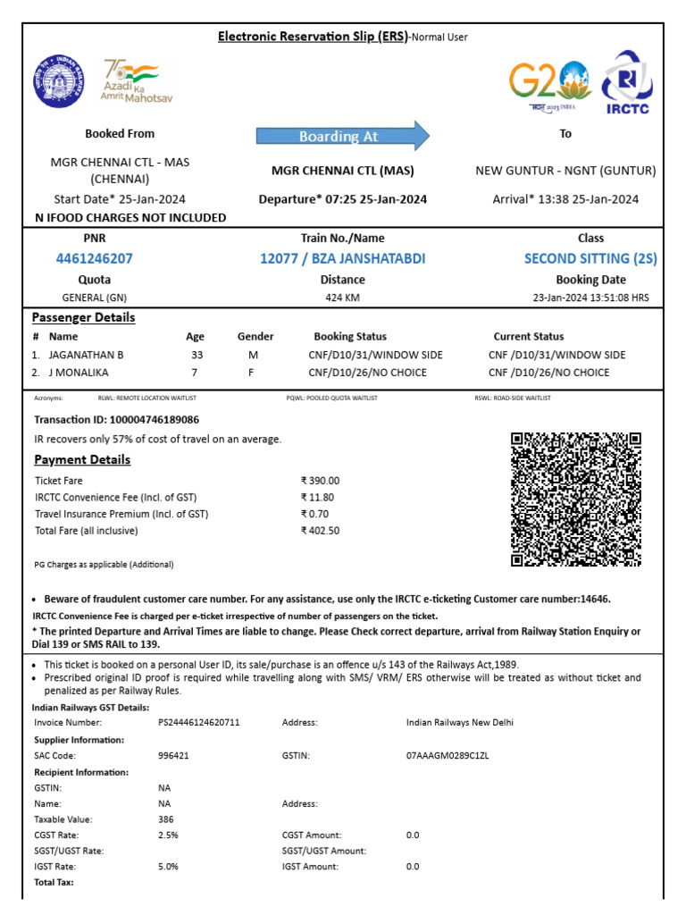 Bza Janshatabdi Second Sitting (2S) : Electronic Reserva On Slip (ERS ...
