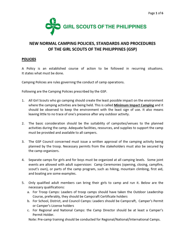 GSP Camping Policies and Standards | PDF | Camping | Drinking Water