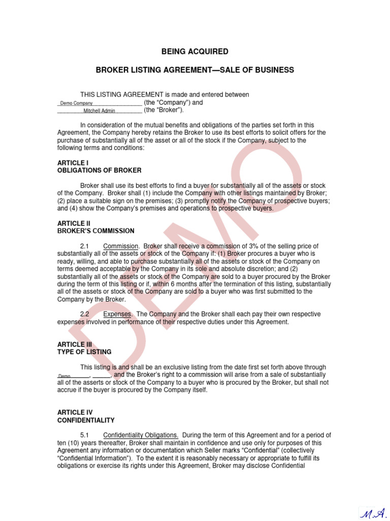 Business Sale Broker Agreement | PDF | Procurement | Stocks