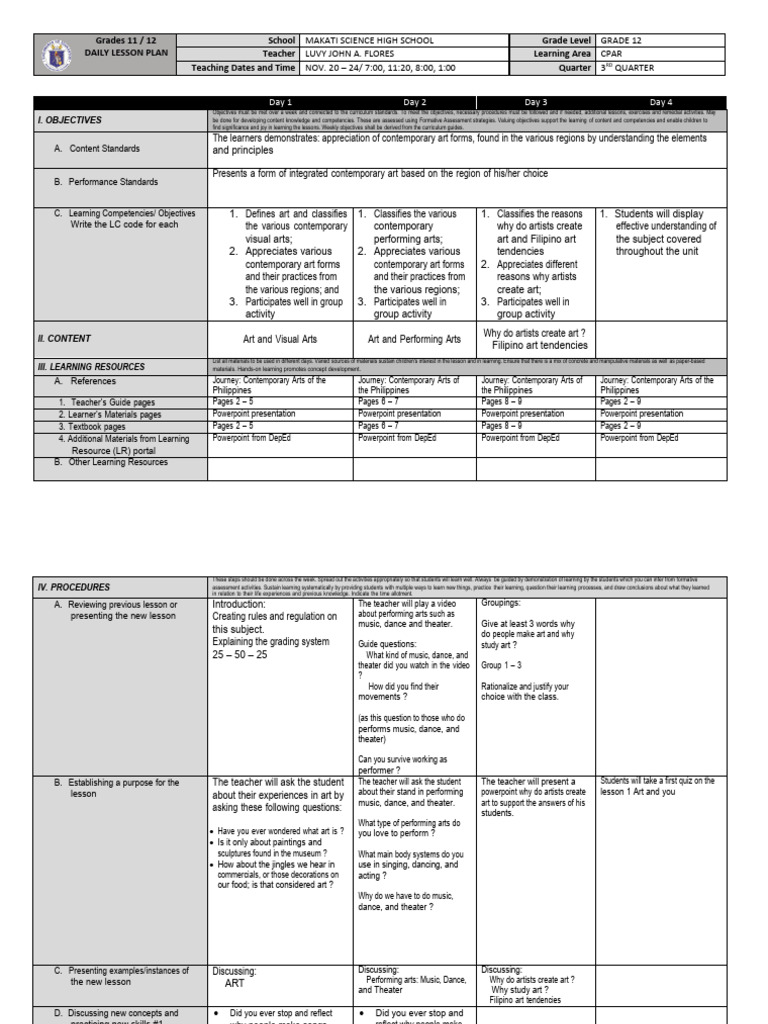 Lesson Plan Contemporary Arts From The Philippines | PDF
