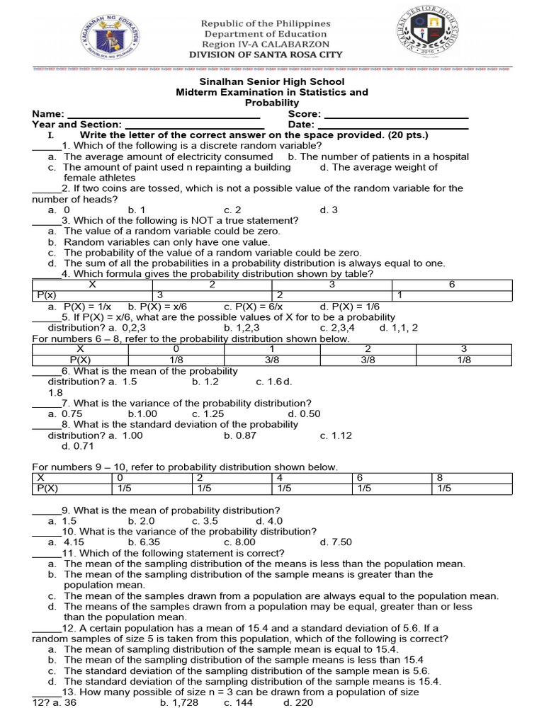 Midterm Exam in Statistics and Probability Grade 11 | PDF | Standard Error | Variance