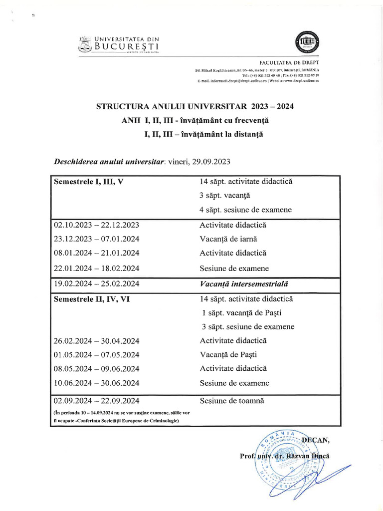 Structura Anului Universitar 2023-2024 | PDF