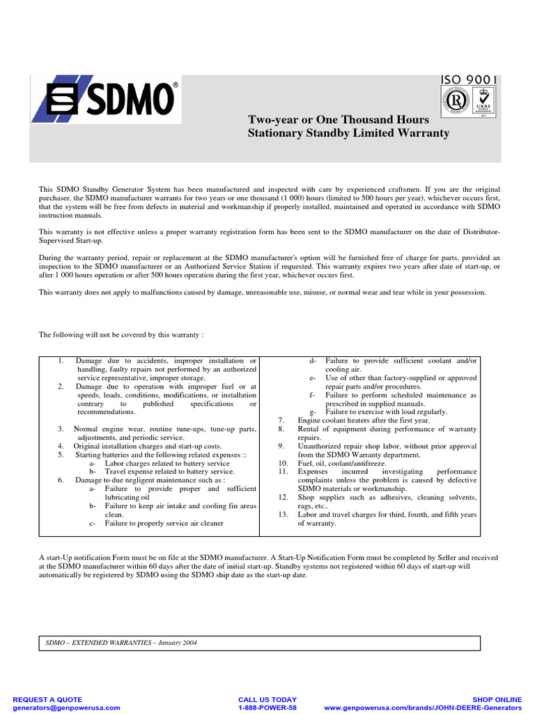 Sdmo Generators Warranty Standby J20u Iv | PDF | Business